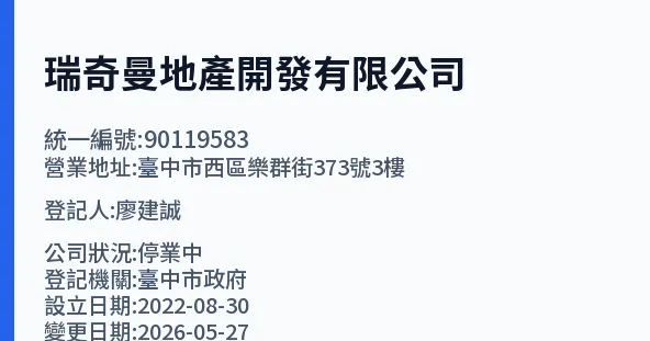 瑞奇曼地產開發有限公司的照片-統編 90119583(臺中市) 公司登記資料與營業項目詳細圖表