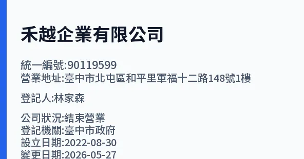 禾越企業有限公司的照片-統編 90119599(臺中市) 公司登記資料與營業項目詳細圖表