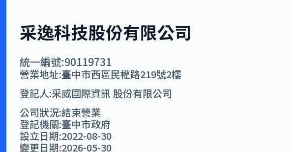 采逸科技股份有限公司的照片-統編 90119731(臺中市) 公司登記資料與營業項目詳細圖表