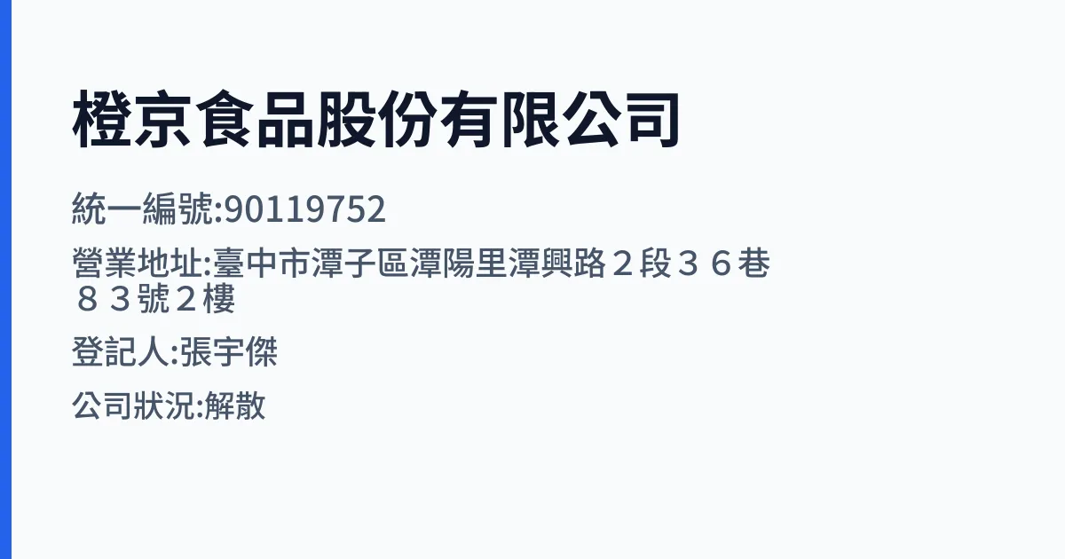 橙京食品股份有限公司 - 統編 90119752(臺中市) 公司登記資料與營業項目詳細圖表