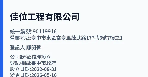 佳位工程有限公司的照片-統編 90119916(臺中市) 公司登記資料與營業項目詳細圖表