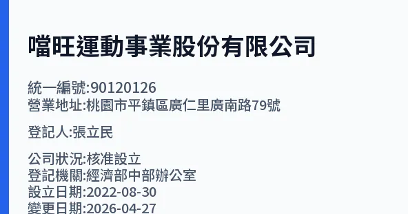 噹旺運動事業股份有限公司的照片-統編 90120126(桃園市) 公司登記資料與營業項目詳細圖表