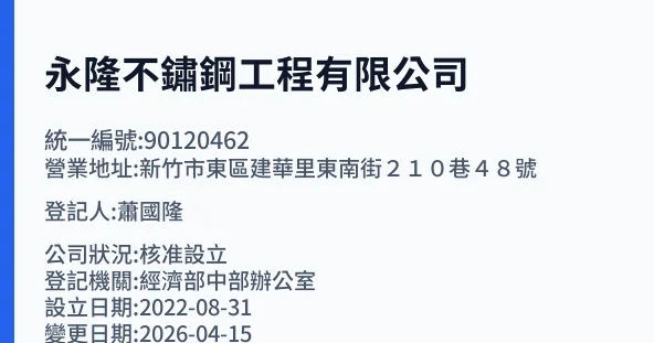 永隆不鏽鋼工程有限公司的照片-統編 90120462(新竹市) 公司登記資料與營業項目詳細圖表