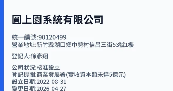 圓上園系統有限公司的照片-統編 90120499(新竹縣) 公司登記資料與營業項目詳細圖表