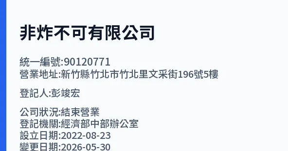 非炸不可有限公司的照片-統編 90120771(新竹縣) 公司登記資料與營業項目詳細圖表