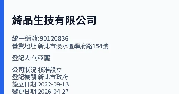 綺品生技有限公司的照片-統編 90120836(新北市) 公司登記資料與營業項目詳細圖表