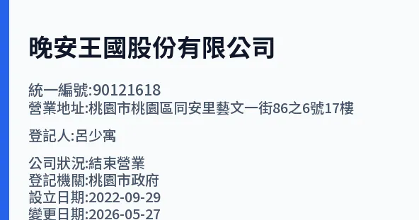 晚安王國股份有限公司的照片-統編 90121618(桃園市) 公司登記資料與營業項目詳細圖表