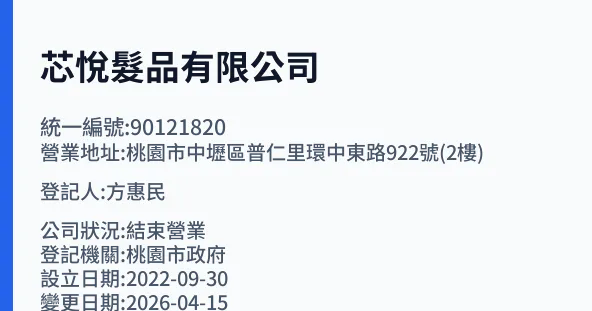 芯悅髮品有限公司的照片-統編 90121820(桃園市) 公司登記資料與營業項目詳細圖表