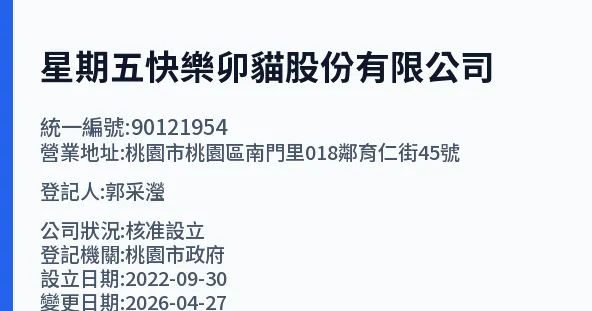 星期五快樂卯貓股份有限公司的照片-統編 90121954(桃園市) 公司登記資料與營業項目詳細圖表