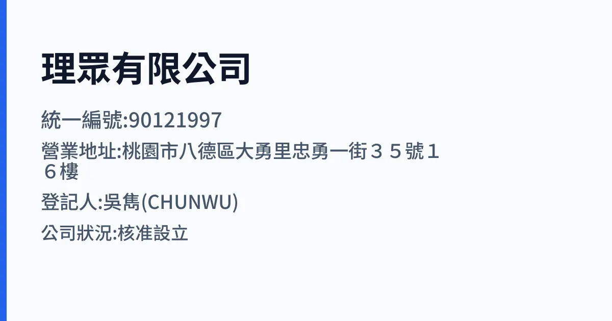 理眾有限公司 - 統編 90121997（桃園市） 公司登記資料與營業項目詳細圖表