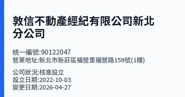 敦信不動產經紀有限公司新北分公司的照片-統編 90122047(新北市) 公司登記資料與營業項目詳細圖表