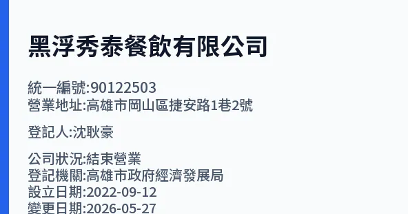 黑浮秀泰餐飲有限公司的照片-統編 90122503(高雄市) 公司登記資料與營業項目詳細圖表