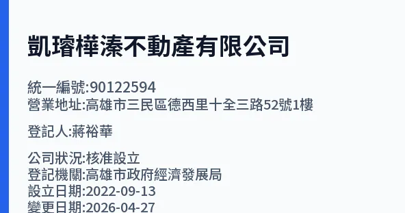 凱璿樺溱不動產有限公司的照片-統編 90122594(高雄市) 公司登記資料與營業項目詳細圖表