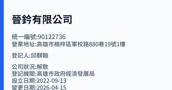 晉鈐有限公司的照片-統編 90122736(高雄市) 公司登記資料與營業項目詳細圖表