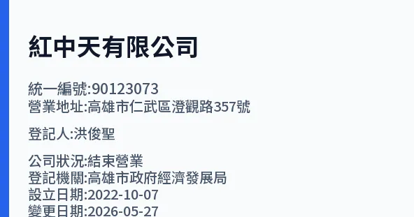 紅中天有限公司的照片-統編 90123073(高雄市) 公司登記資料與營業項目詳細圖表