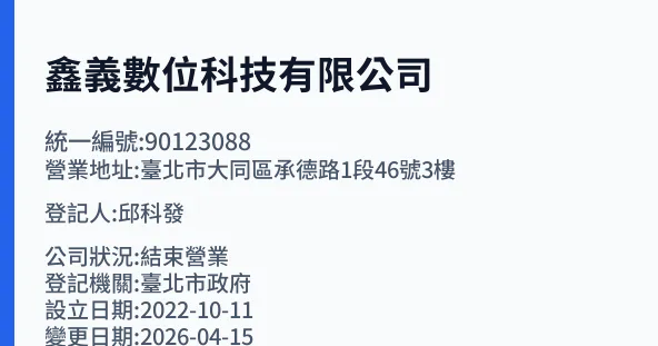 鑫義數位科技有限公司的照片-統編 90123088(臺北市) 公司登記資料與營業項目詳細圖表