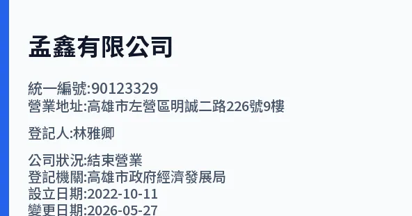 孟鑫有限公司的照片-統編 90123329(高雄市) 公司登記資料與營業項目詳細圖表