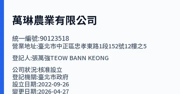萬琳農業有限公司的照片-統編 90123518(臺北市) 公司登記資料與營業項目詳細圖表