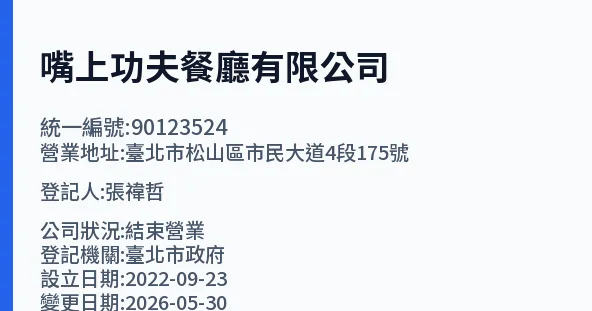 嘴上功夫餐廳有限公司的照片-統編 90123524(臺北市) 公司登記資料與營業項目詳細圖表