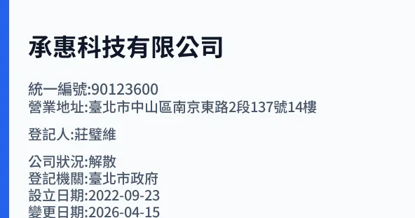承惠科技有限公司的照片-統編 90123600(臺北市) 公司登記資料與營業項目詳細圖表
