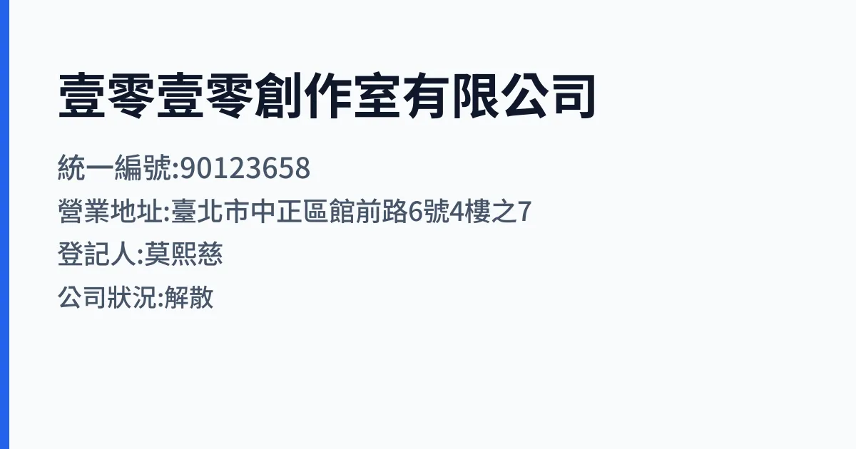 壹零壹零創作室有限公司 - 統編 90123658(臺北市) 公司登記資料與營業項目詳細圖表