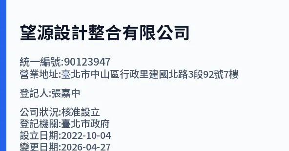 望源設計整合有限公司的照片-統編 90123947(臺北市) 公司登記資料與營業項目詳細圖表
