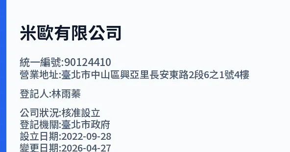 米歐有限公司的照片-統編 90124410(臺北市) 公司登記資料與營業項目詳細圖表