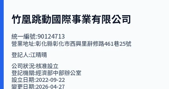 竹凰跳動國際事業有限公司的照片-統編 90124713(彰化縣) 公司登記資料與營業項目詳細圖表