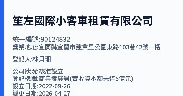 笙左國際小客車租賃有限公司的照片-統編 90124832(宜蘭縣) 公司登記資料與營業項目詳細圖表