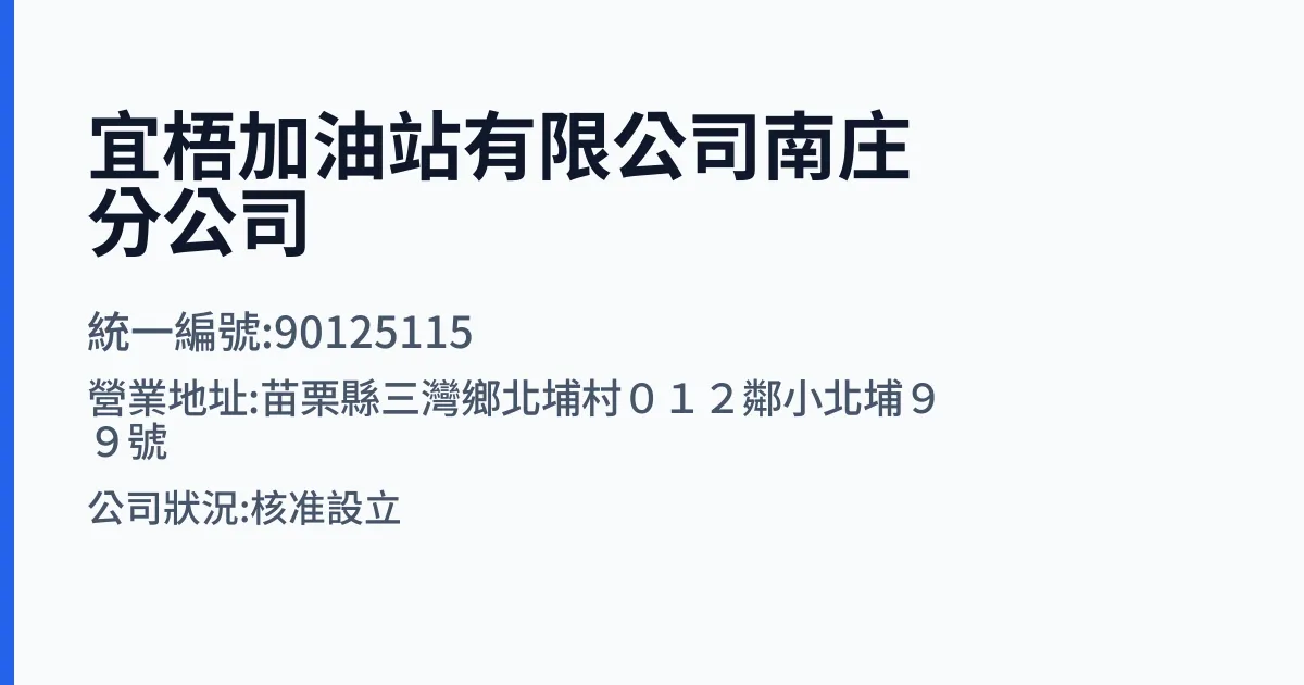 宜梧加油站有限公司南庄分公司 - 統編 90125115(苗栗縣) 公司登記資料與營業項目詳細圖表