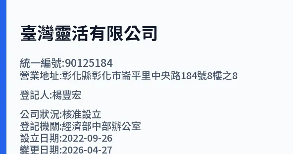 臺灣靈活有限公司的照片-統編 90125184(彰化縣) 公司登記資料與營業項目詳細圖表