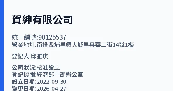 賀紳有限公司的照片-統編 90125537(南投縣) 公司登記資料與營業項目詳細圖表