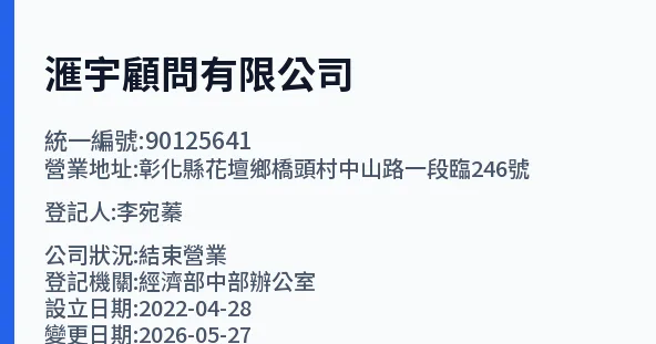 滙宇顧問有限公司的照片-統編 90125641(彰化縣) 公司登記資料與營業項目詳細圖表