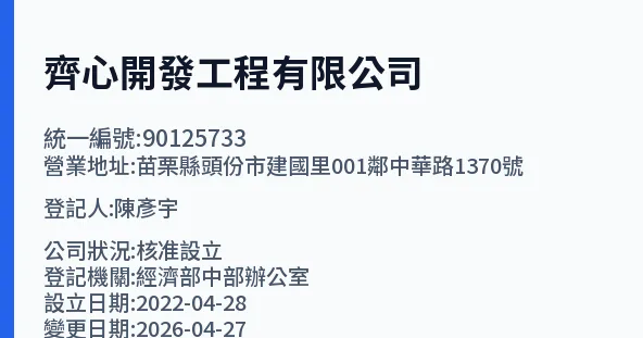 齊心開發工程有限公司的照片-統編 90125733(苗栗縣) 公司登記資料與營業項目詳細圖表