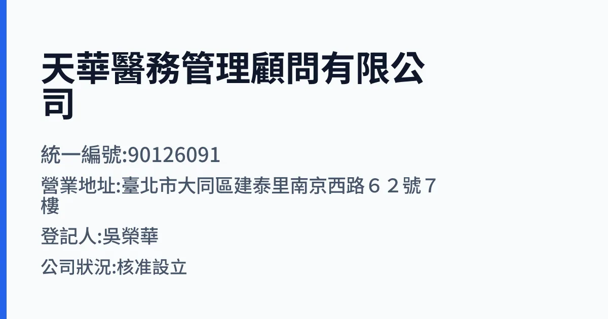 天華醫務管理顧問有限公司 - 統編 90126091(嘉義市) 公司登記資料與營業項目詳細圖表