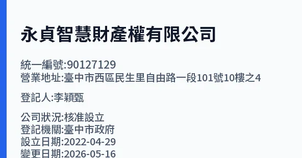 永貞智慧財產權有限公司的照片-統編 90127129(臺中市) 公司登記資料與營業項目詳細圖表