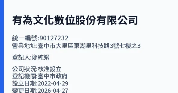 有為文化數位股份有限公司的照片-統編 90127232(臺中市) 公司登記資料與營業項目詳細圖表