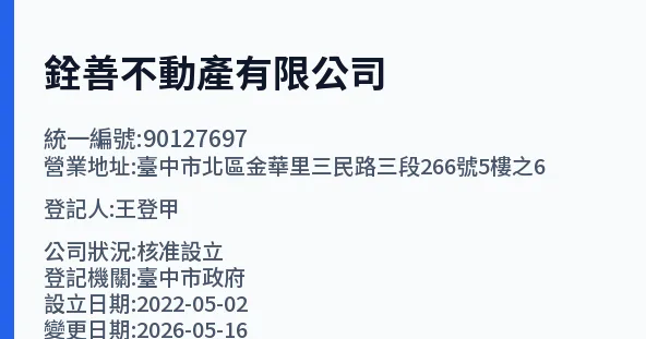 銓善不動產有限公司的照片-統編 90127697(臺中市) 公司登記資料與營業項目詳細圖表