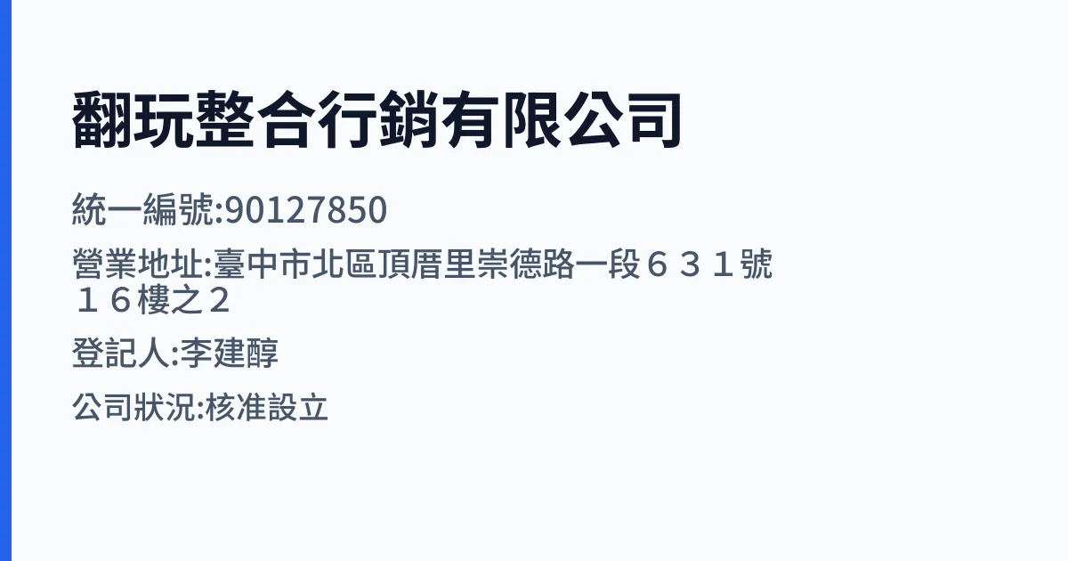 翻玩整合行銷有限公司 - 統編 90127850(臺中市) 公司登記資料與營業項目詳細圖表