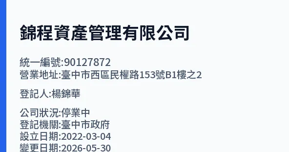 錦程資產管理有限公司的照片-統編 90127872(臺中市) 公司登記資料與營業項目詳細圖表