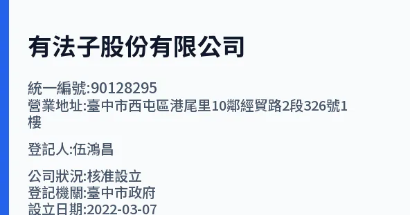 有法子股份有限公司的照片-統編 90128295(臺中市) 公司登記資料與營業項目詳細圖表