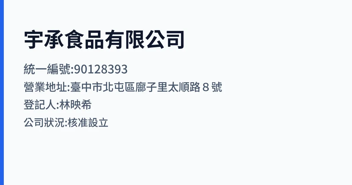 宇承食品有限公司 - 統編 90128393（臺中市） 公司登記資料與營業項目詳細圖表