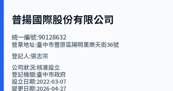 普揚國際股份有限公司的照片-統編 90128632(臺中市) 公司登記資料與營業項目詳細圖表