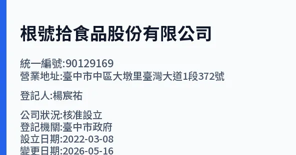 根號拾食品股份有限公司的照片-統編 90129169(臺中市) 公司登記資料與營業項目詳細圖表