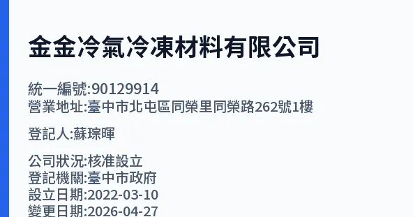 金金冷氣冷凍材料有限公司的照片-統編 90129914(臺中市) 公司登記資料與營業項目詳細圖表