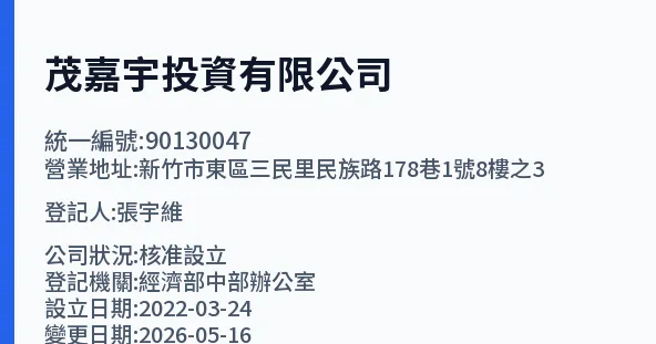 茂嘉宇投資有限公司的照片-統編 90130047(新竹市) 公司登記資料與營業項目詳細圖表