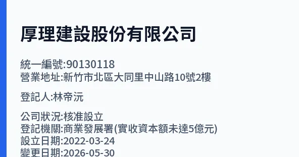 厚理建設股份有限公司的照片-統編 90130118(新竹市) 公司登記資料與營業項目詳細圖表
