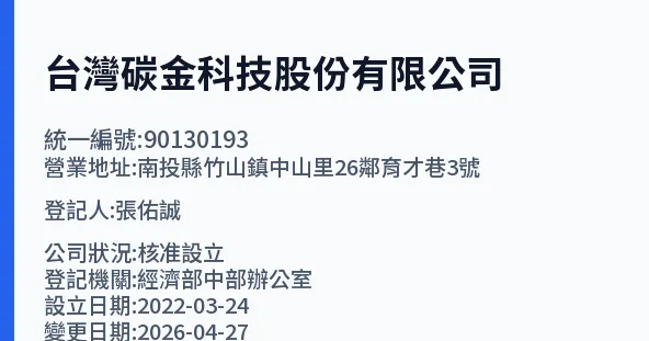 台灣碳金科技股份有限公司的照片-統編 90130193(南投縣) 公司登記資料與營業項目詳細圖表