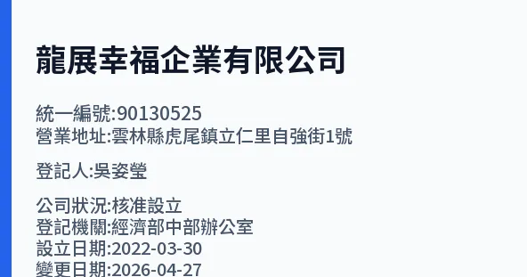 龍展幸福企業有限公司的照片-統編 90130525(雲林縣) 公司登記資料與營業項目詳細圖表