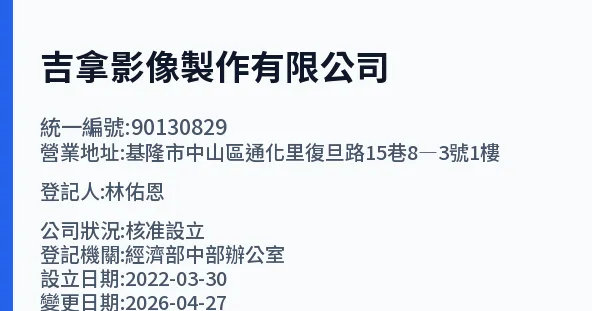 吉拿影像製作有限公司的照片-統編 90130829(基隆市) 公司登記資料與營業項目詳細圖表